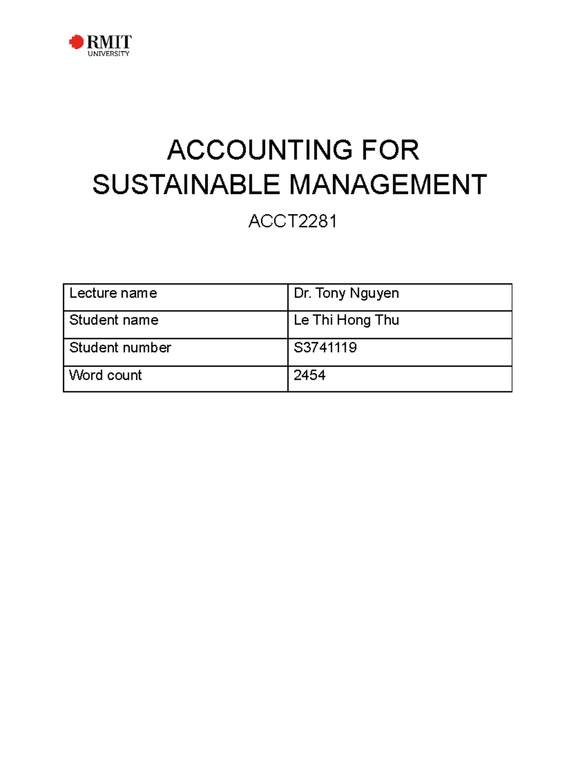ACCT2281 Assessment 3 Le Thi Hong Thu s3741119 - ACCOUNTING FOR ...