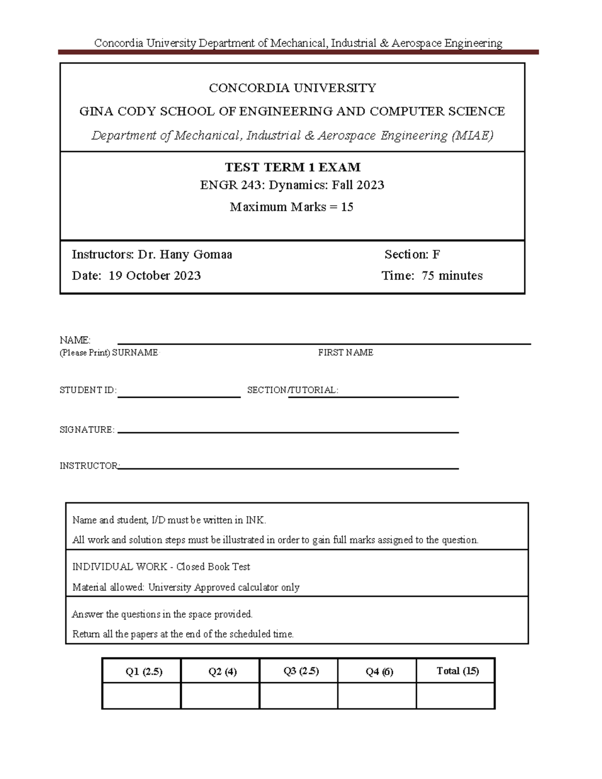 TEST TERM 1 EXAM (F) Questions - NAME: (Please Print) SURNAME· FIRST ...