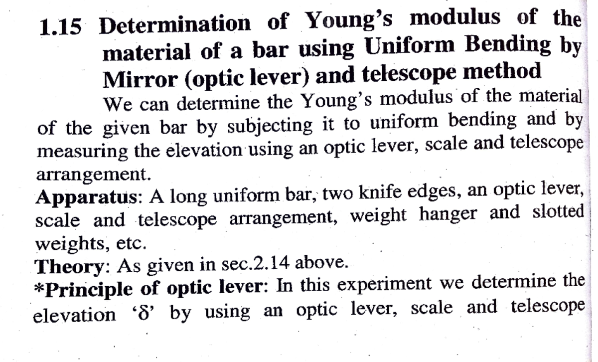 Determination of Young's modulus - Apparatus: A long uniform bar, two ...