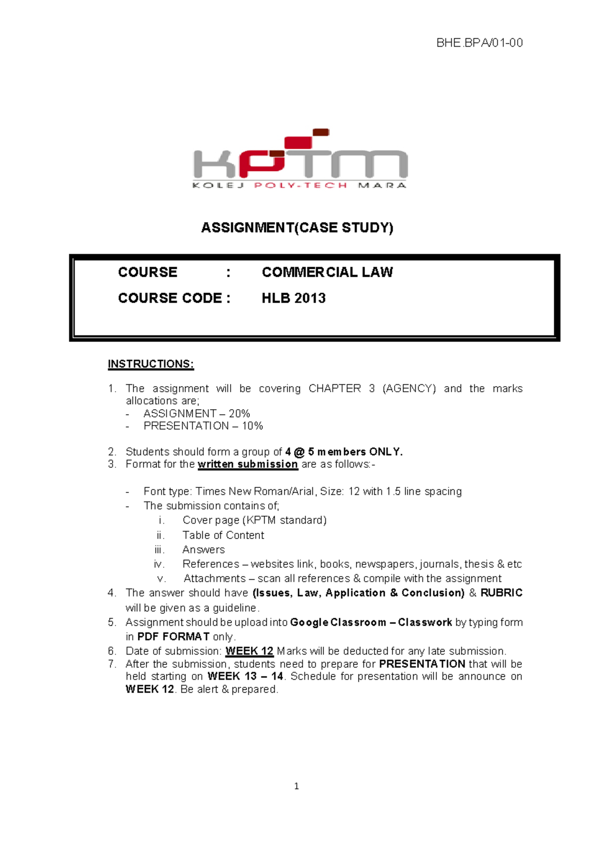 Assignment Agency - BHE/01- 1 ASSIGNMENT(CASE STUDY) COURSE NAME ...