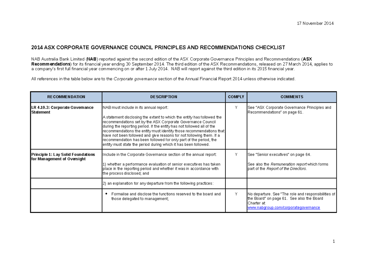 2014 asx corporate governance cgs checklist - 2014 ASX CORPORATE ...