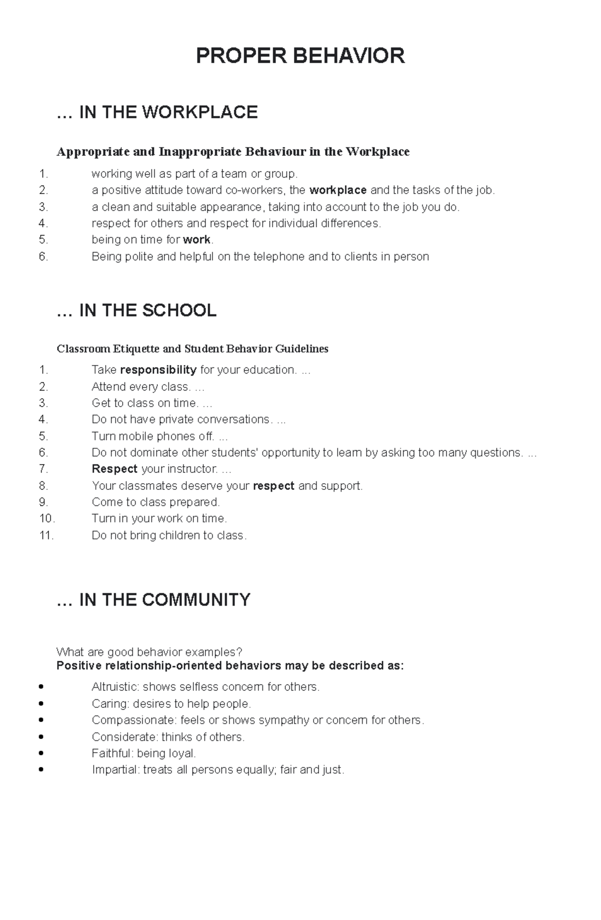 Proper Behavior - Searchable Topic - PROPER BEHAVIOR ... IN THE ...