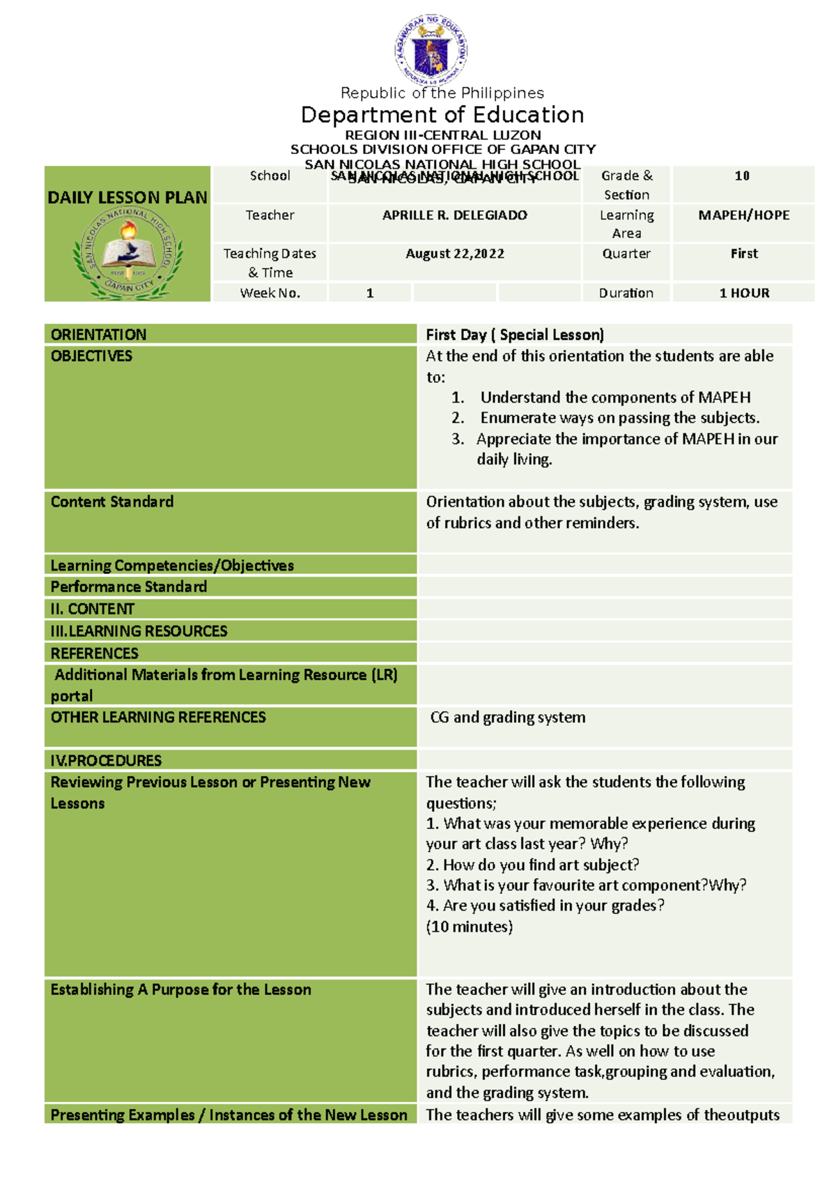 Orientation DLL 2022 2023 - DAILY LESSON PLAN School SAN NICOLAS ...