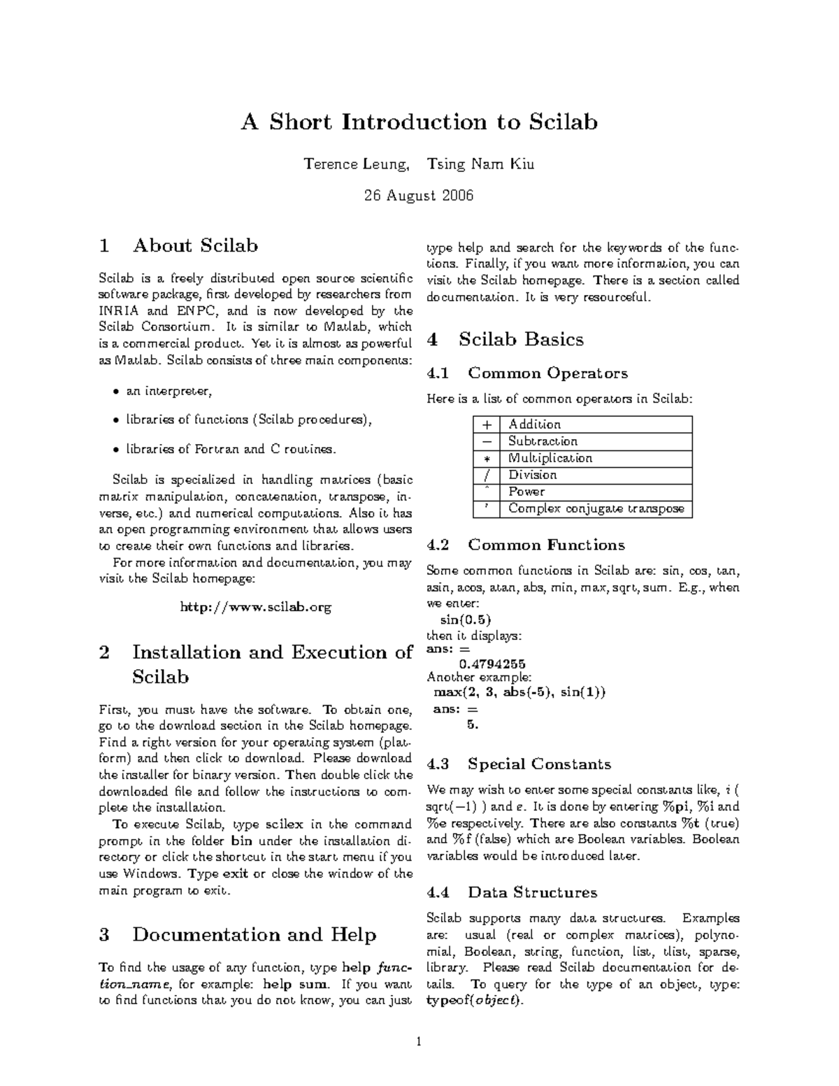 Scilab Intro 7 - A Short Introduction to Scilab Terence Leung, Tsing Nam Kiu 26 August 2006 1 ...