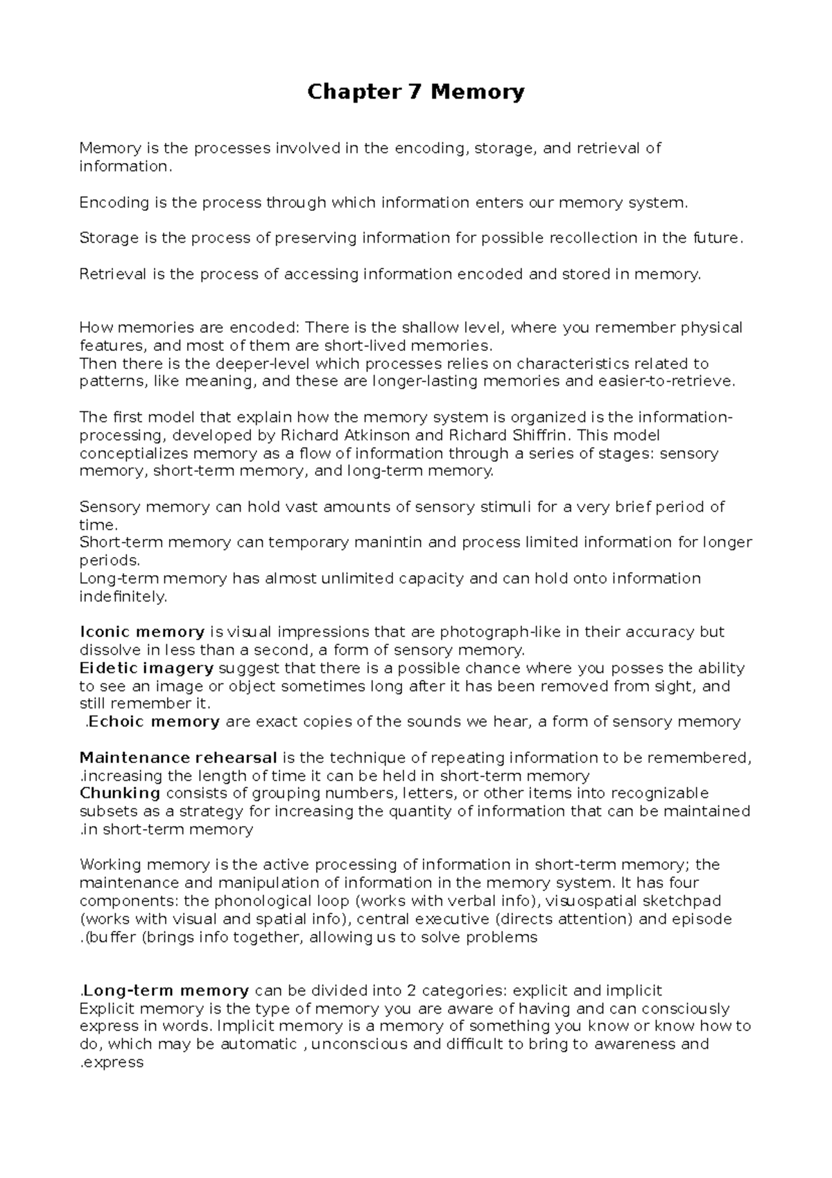 Psychology 2 - notes - Chapter 7 Memory Memory is the processes ...