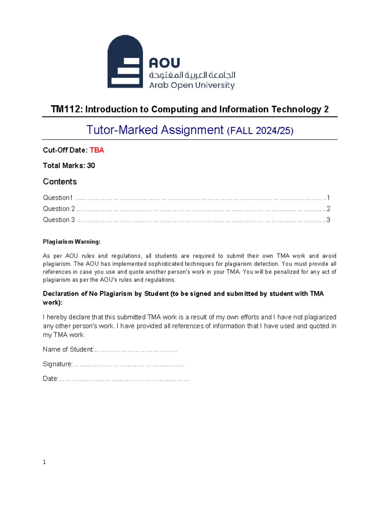 TM112 TMA KSA FALL24 25 - TM112: Introduction to Computing and ...