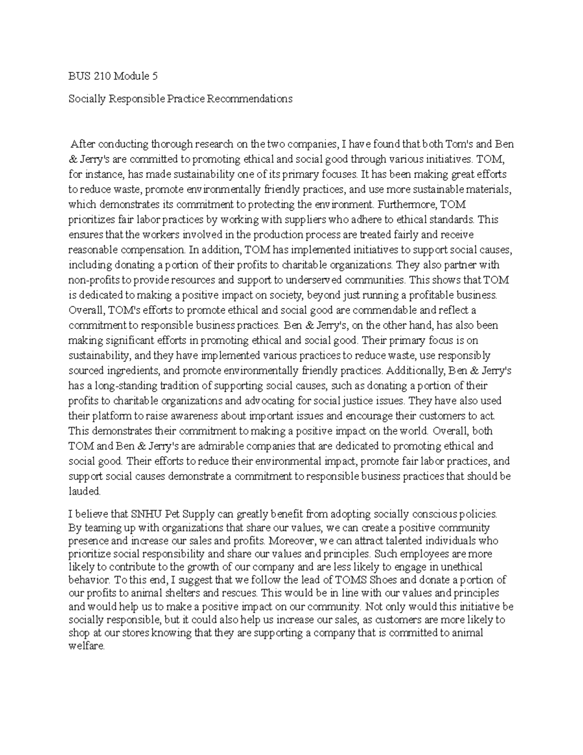 BUS 210 Module 5 journal - BUS 210 Module 5 Socially Responsible ...