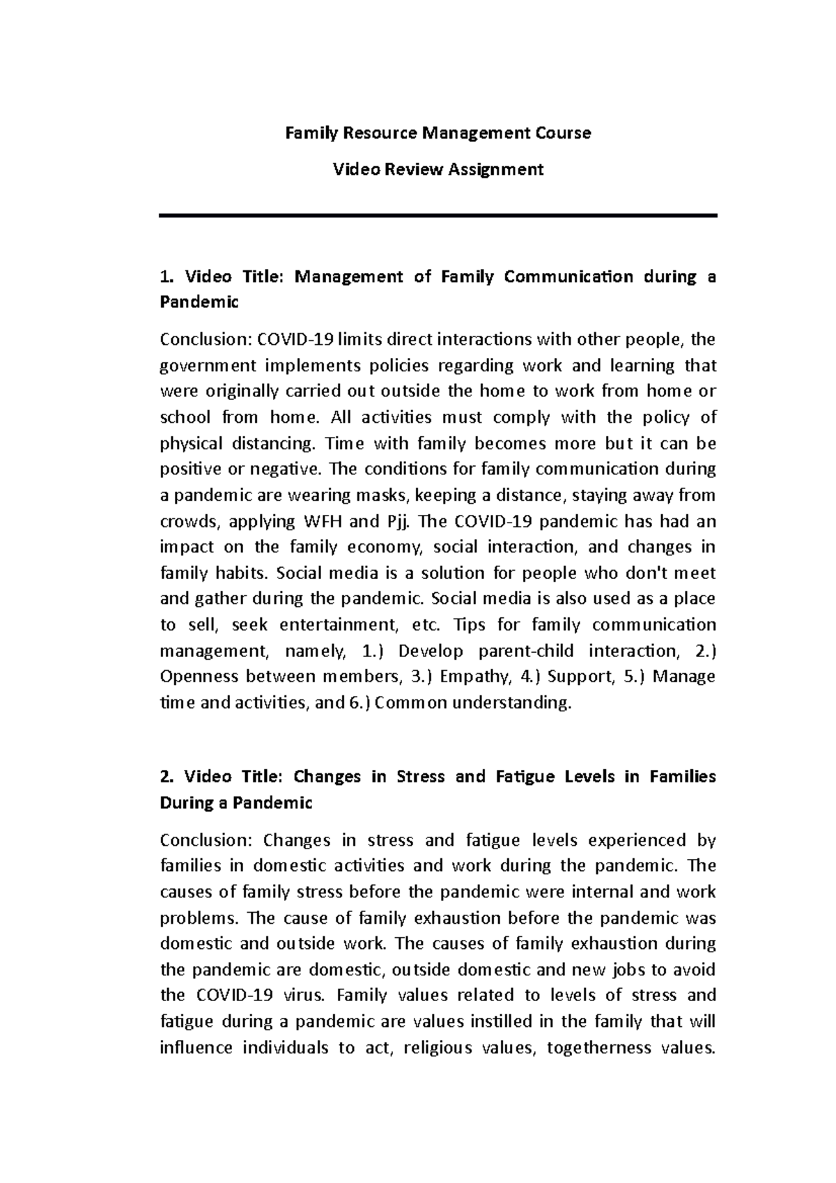 Family Resource Management Course - All activities must comply with the ...