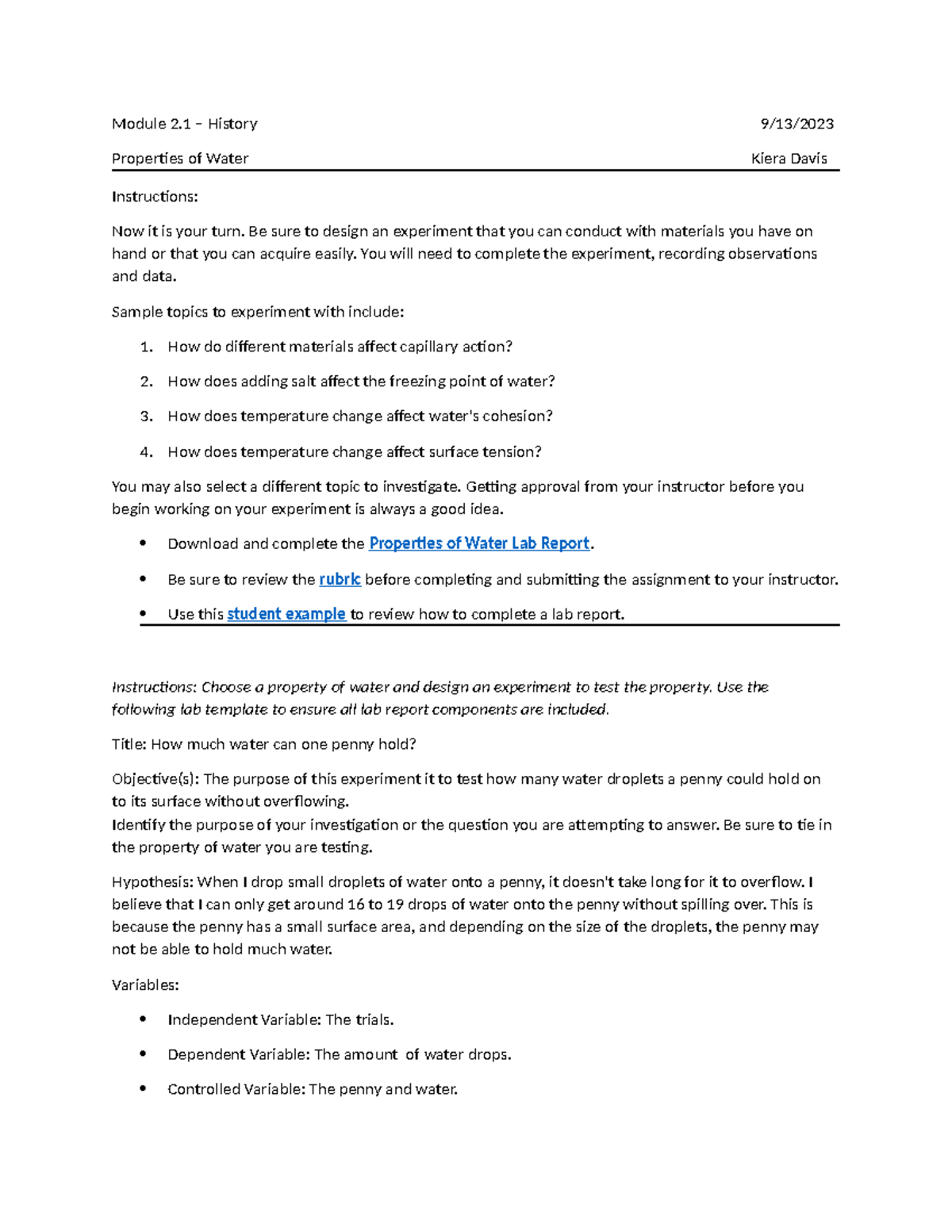 Module 2.1 - Biology - Module 2 – History 9/13/ Properties of Water ...