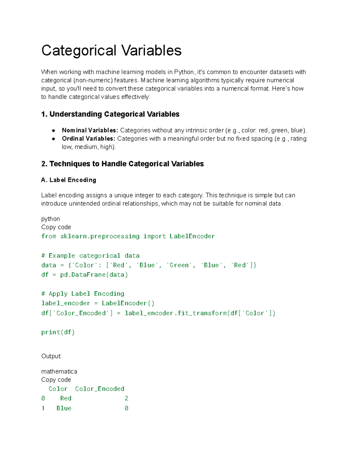 Categorical values - notes - Categorical Variables When working with ...