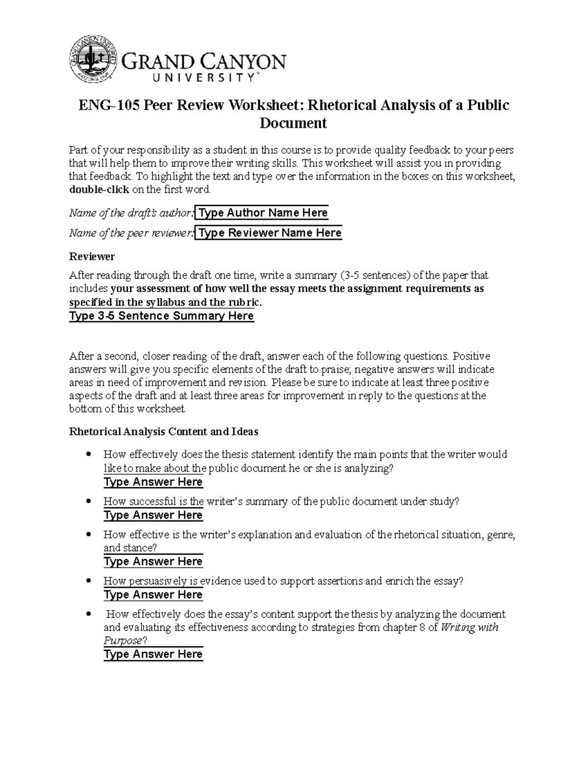 Rhetorical Analysis Peer Review Worksheet Revised - ENG-105 Peer Review ...