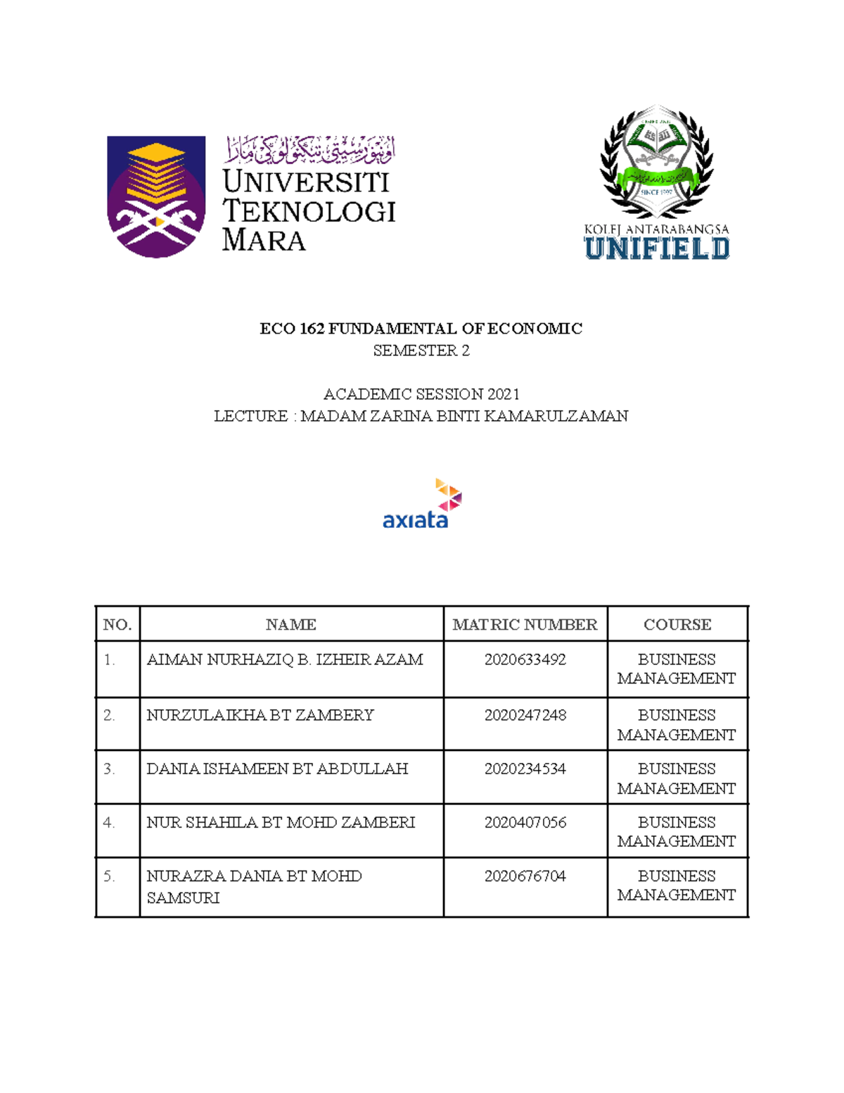 Axiata Group BHD (DBS2A) - ECO 162 FUNDAMENTAL OF ECONOMIC SEMESTER 2 ...