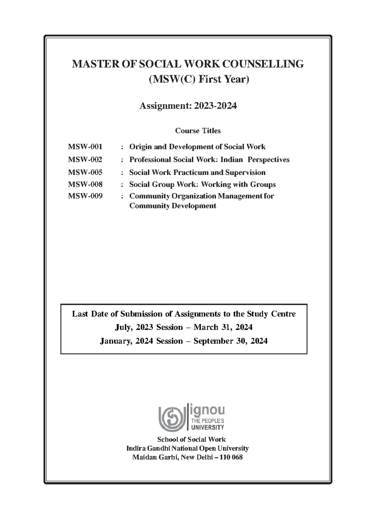 MSWC1st yr(E)23 - MASTER OF SOCIAL WORK COUNSELLING (MSW(C) First Year ...