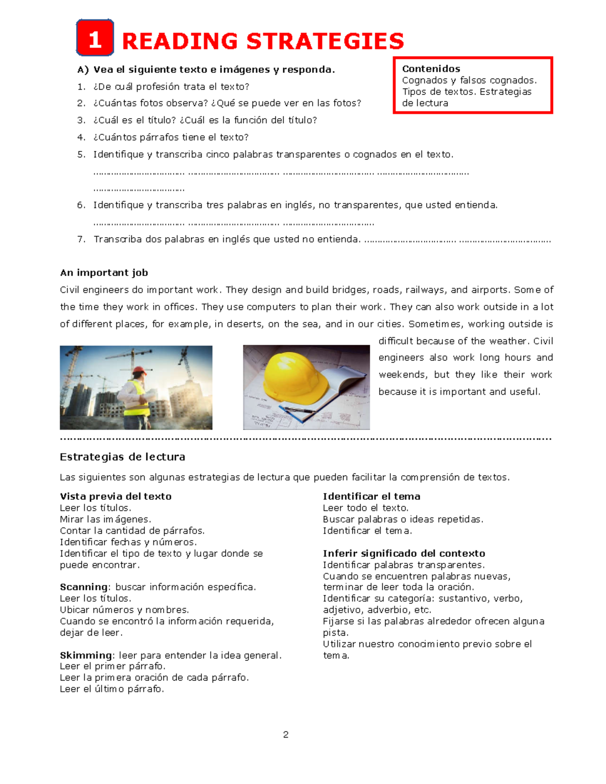 Unit 1 Reading Strategies - READING STRATEGIES A) Vea el siguiente ...