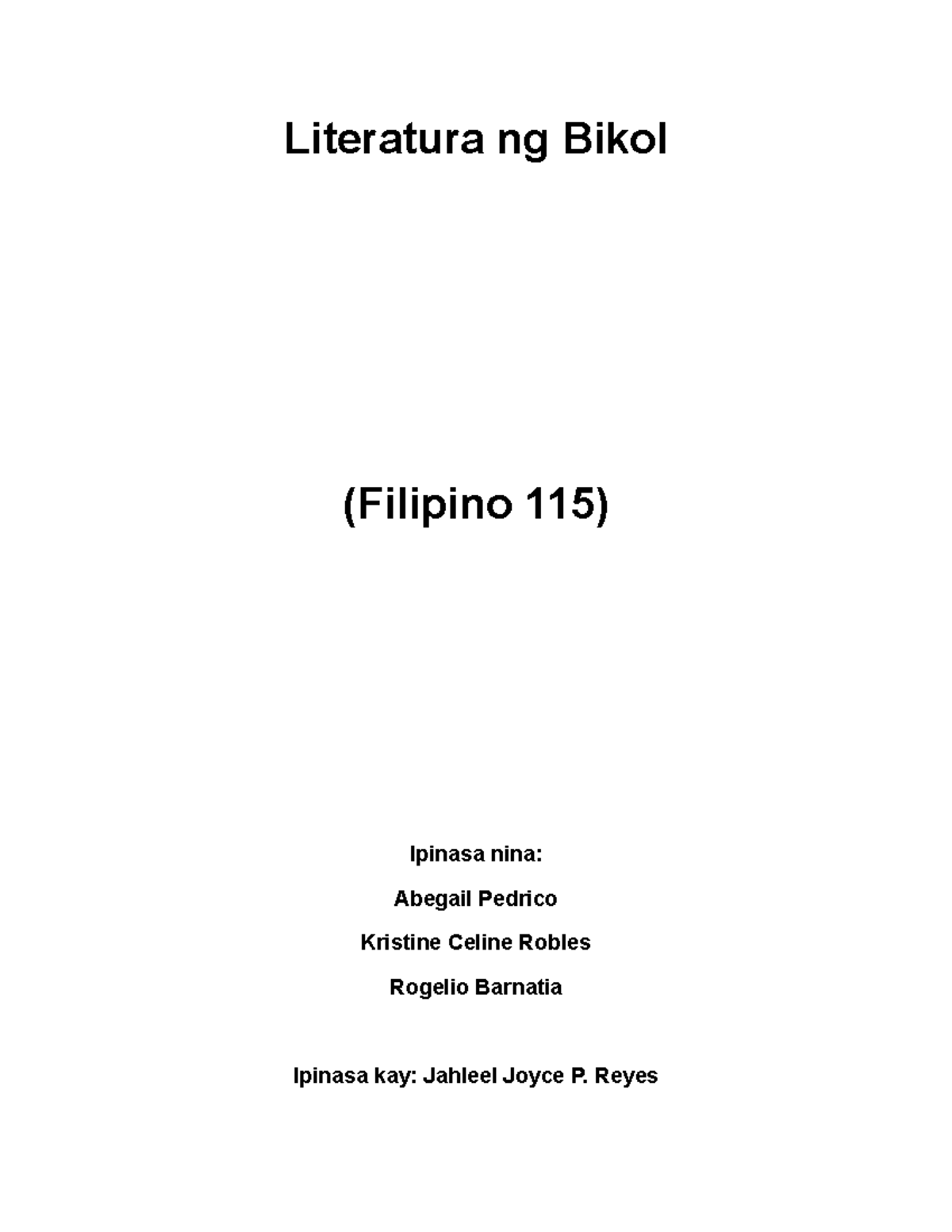 Panitikan sa Bicol - Filipino 115, Central Luzon State University ...