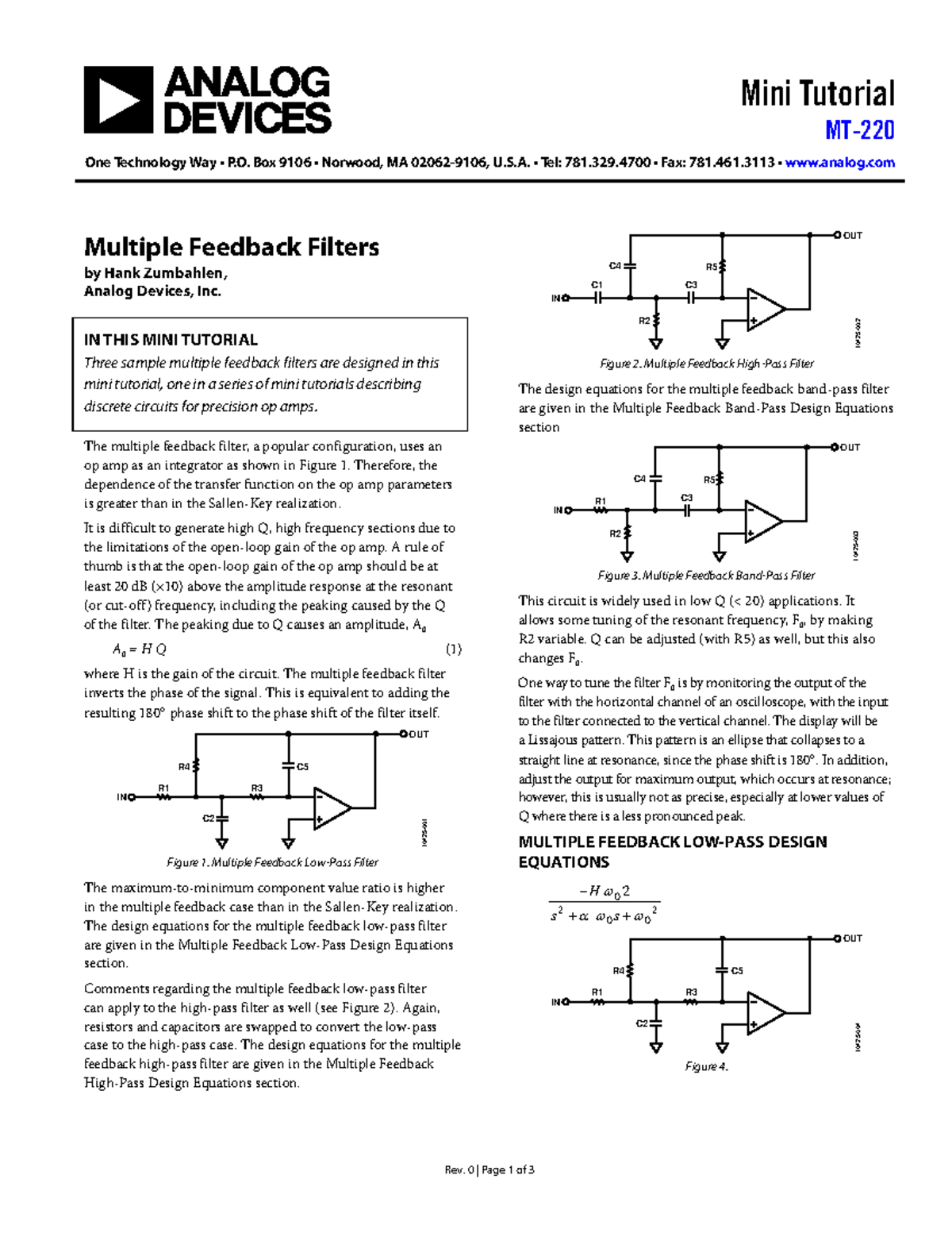 Filtro MT220 - Mini Tutorial MT- One Technology Way • P. Box 9106 • Norwood, MA 02062-9106, U.S ...