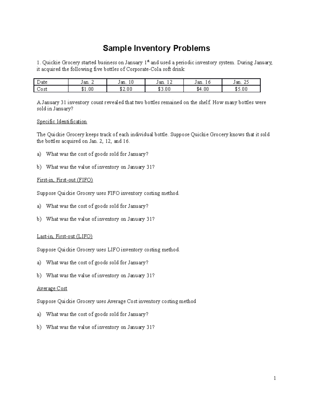 1. Sample Inventory Problems - Sample Inventory Problems Quickie ...