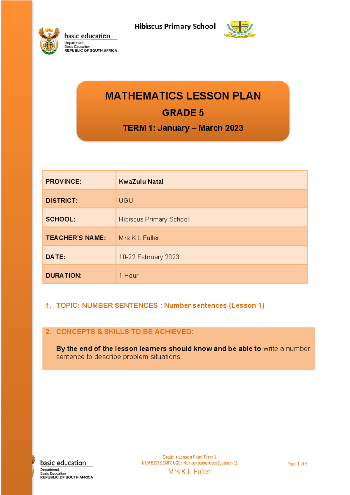 Grade 5 Term 1 Number sentences Lesson 1 - Grade 4 Lesson Plan: Term 1 NUMBER SENTENCE: Number ...
