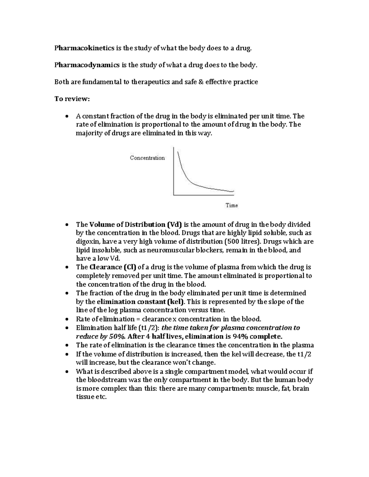 Lecture notes, lecture 1 - Pharmacokinetics - Pharmacokinetics is the ...