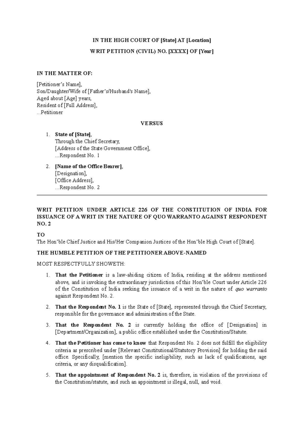 Draft - IN THE HIGH COURT OF [State] AT [Location] WRIT PETITION (CIVIL ...