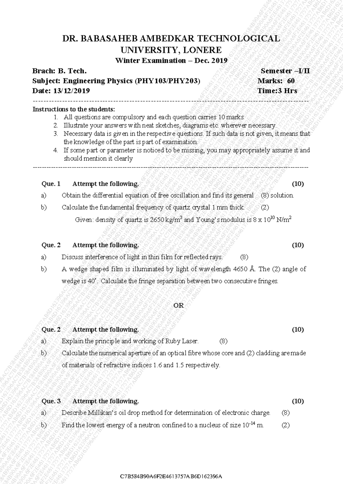 Btech 1 year engineering physics phy103 dec 2019 - DR. BABASAHEB AMBEDKAR TECHNOLOGICAL ...
