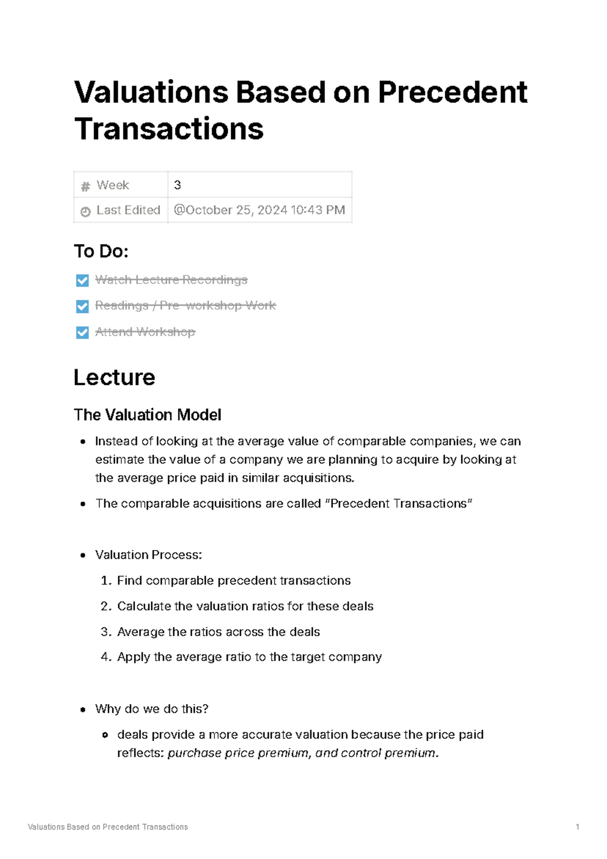 Valuations Based on Precedent Transactions - Valuations Based on ...