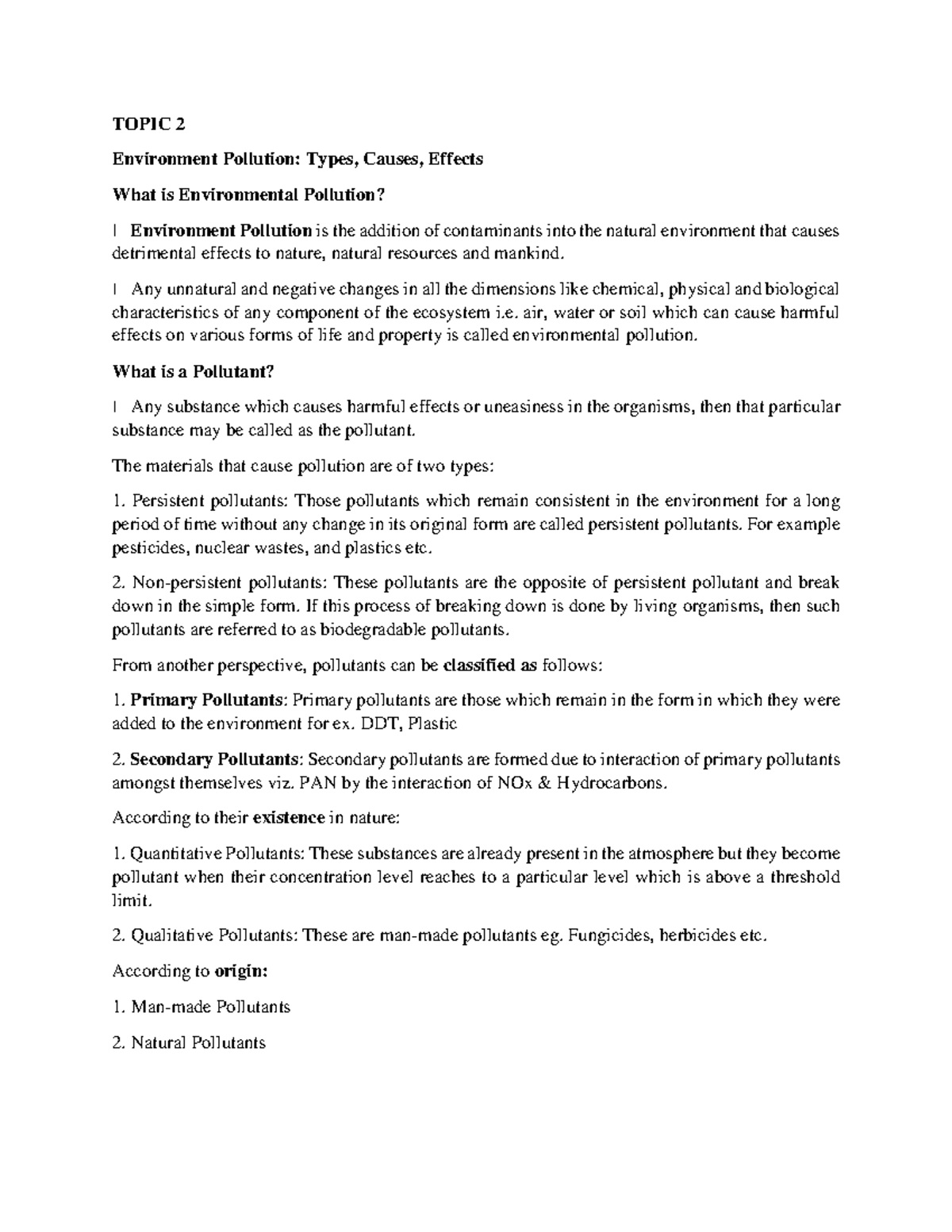 Topic 2 Environmental Literacy NOTE - TOPIC 2 Environment Pollution ...