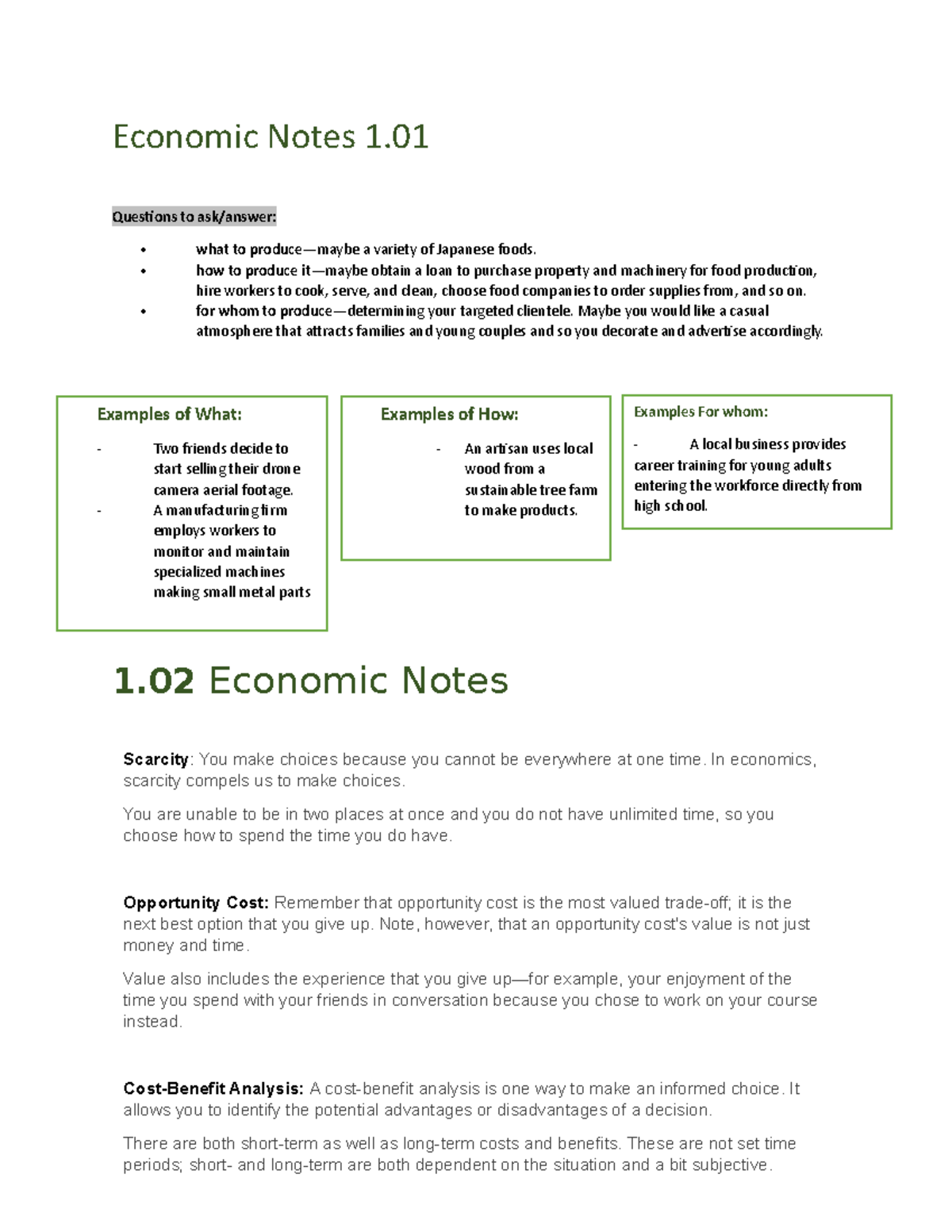 Economic Notes 1 - Questions to ask/answer: what to produce—maybe a ...