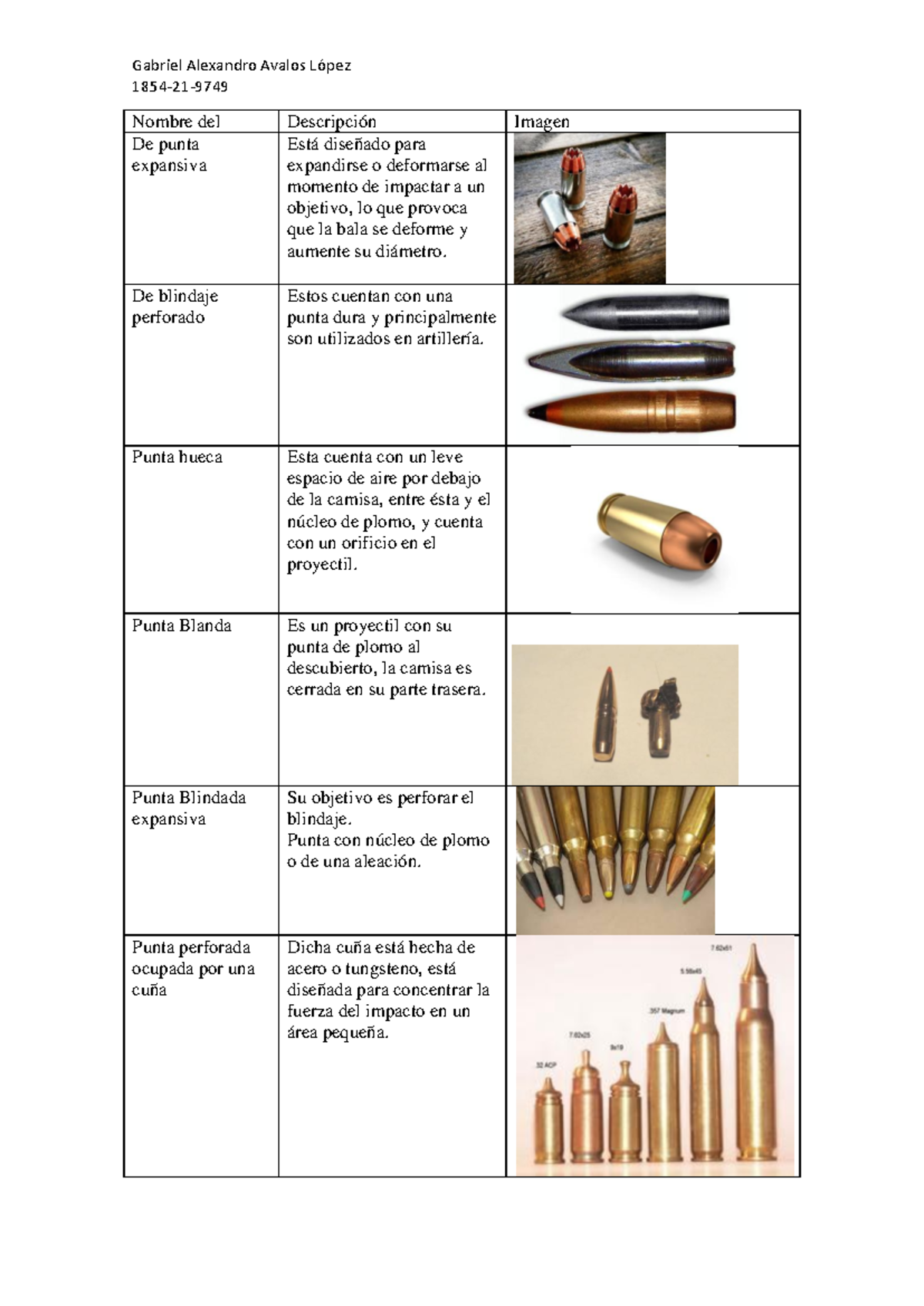 Descripcion de tipos de proyectiles - 1854-21- Nombre del Descripción ...