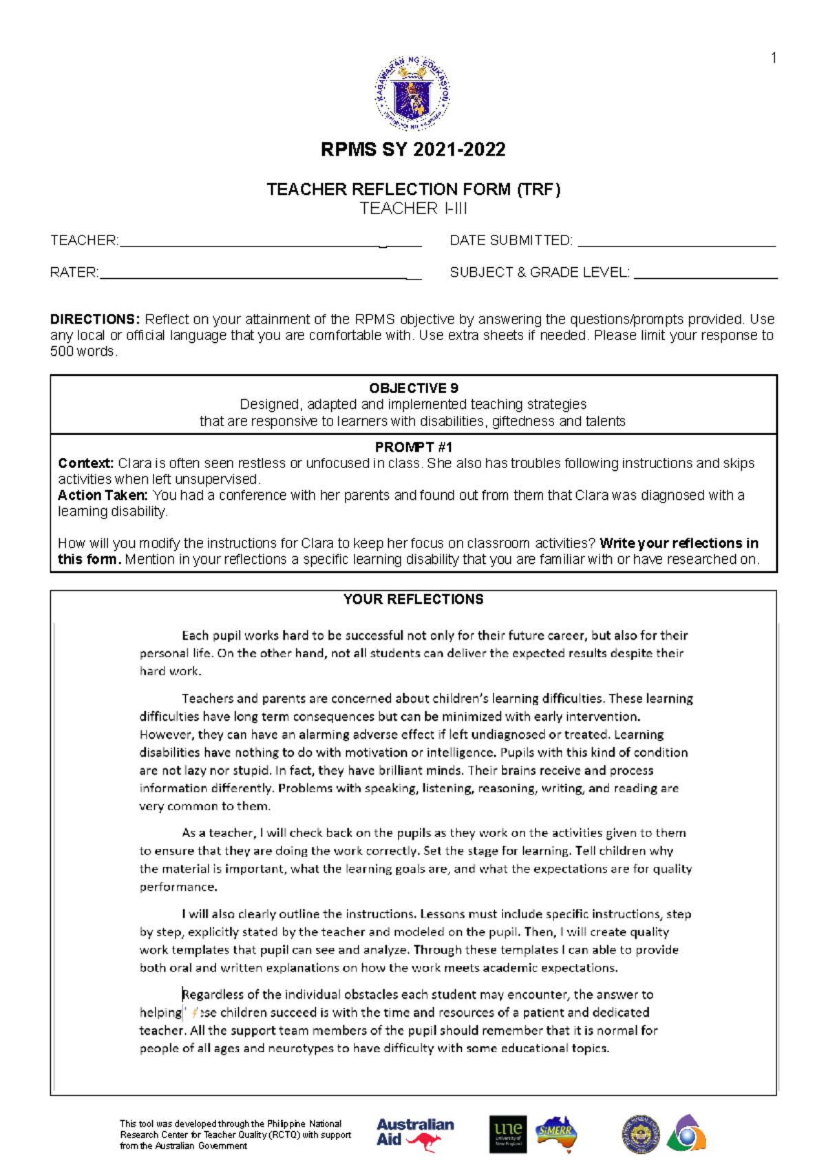 Prompt 1 - None - RPMS SY 2021- TEACHER REFLECTION FORM (TRF) TEACHER I ...