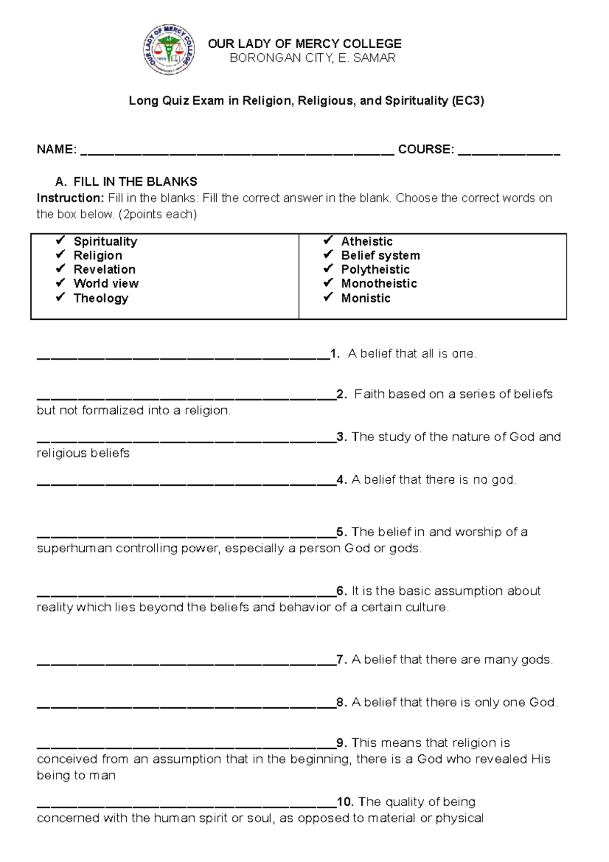 Religious (EC3) LONG QUIZ - OUR LADY OF MERCY COLLEGE BORONGAN CITY, E ...