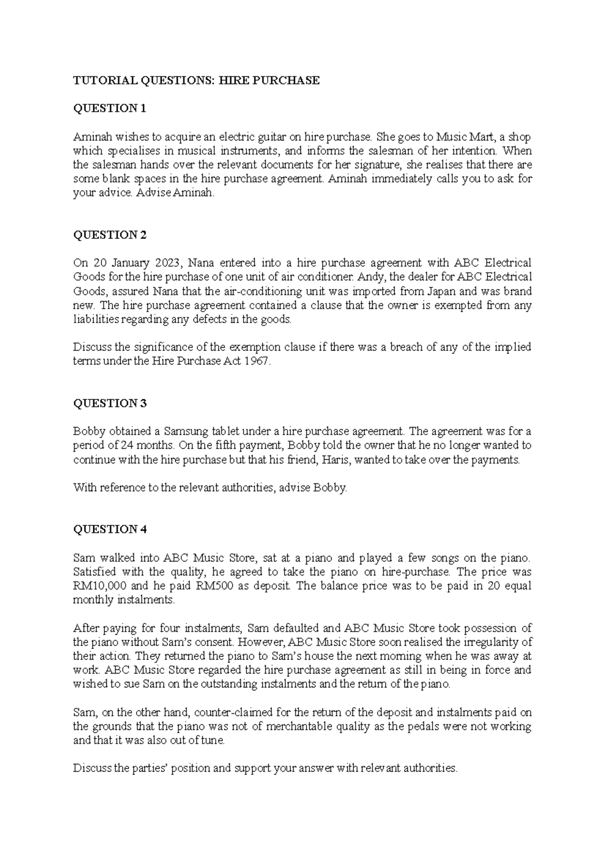 HP Tutorial - TUTORIAL QUESTIONS: HIRE PURCHASE QUESTION 1 Aminah ...