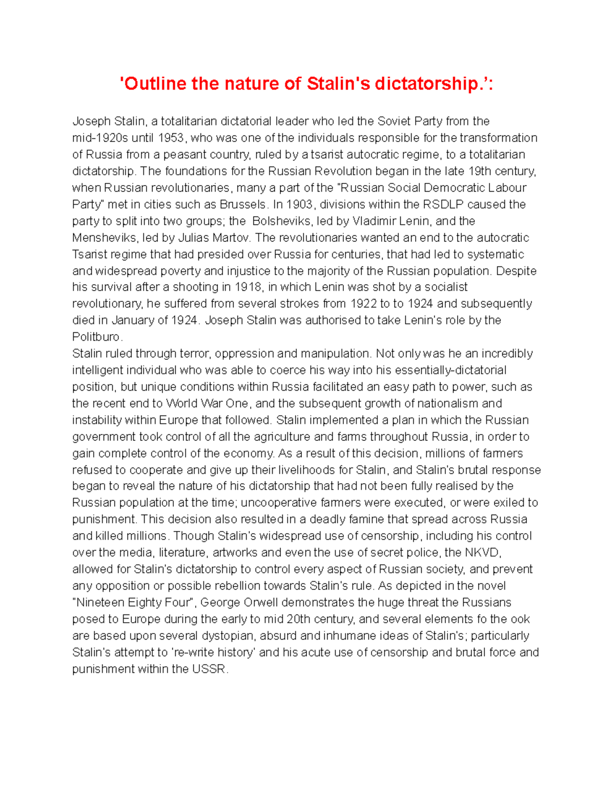 Outline the nature of Stalin's dictatorship - ’: Joseph Stalin, a ...