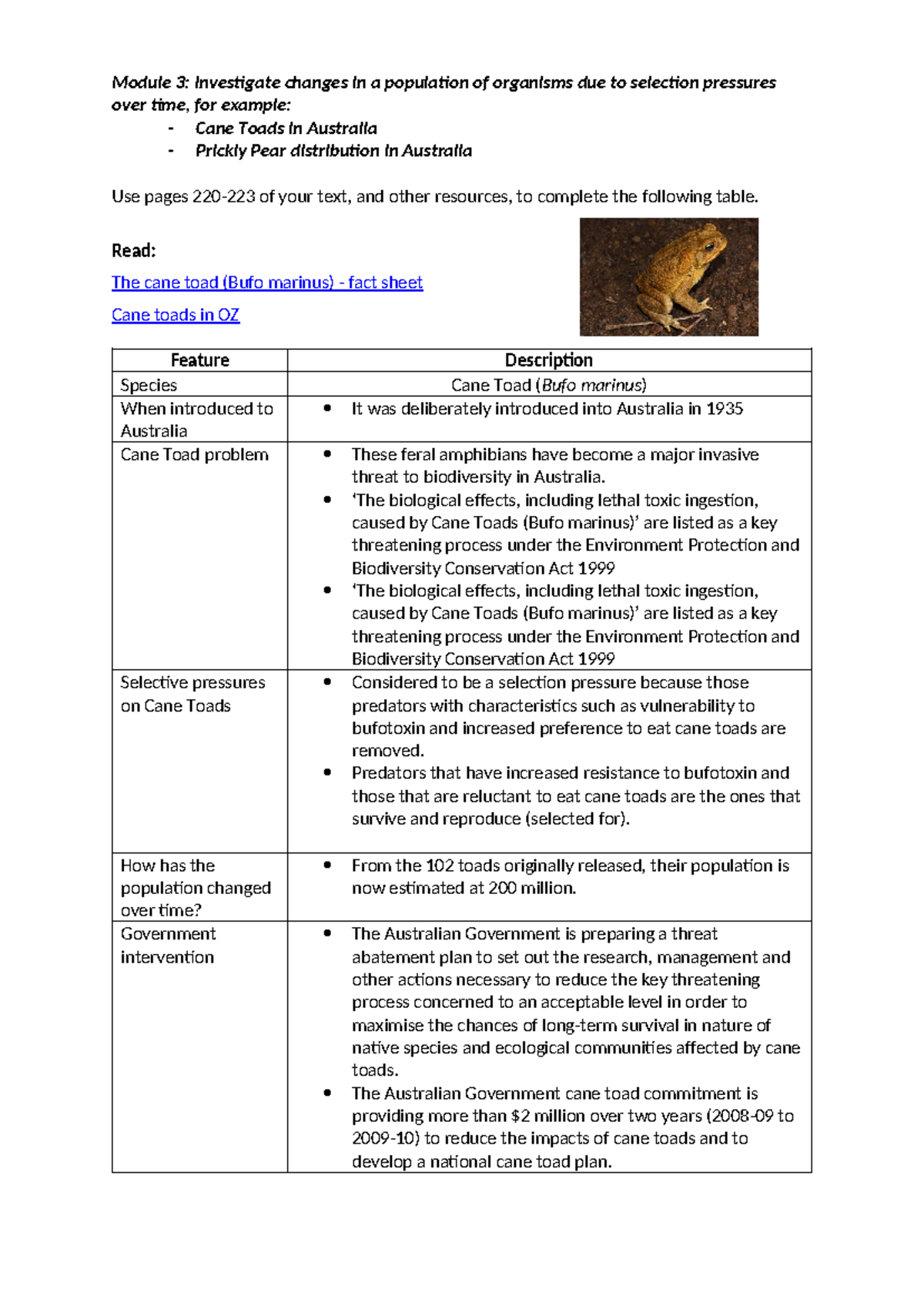 Cane toads and Prickly Pear - Module 3: Investigate changes in a ...