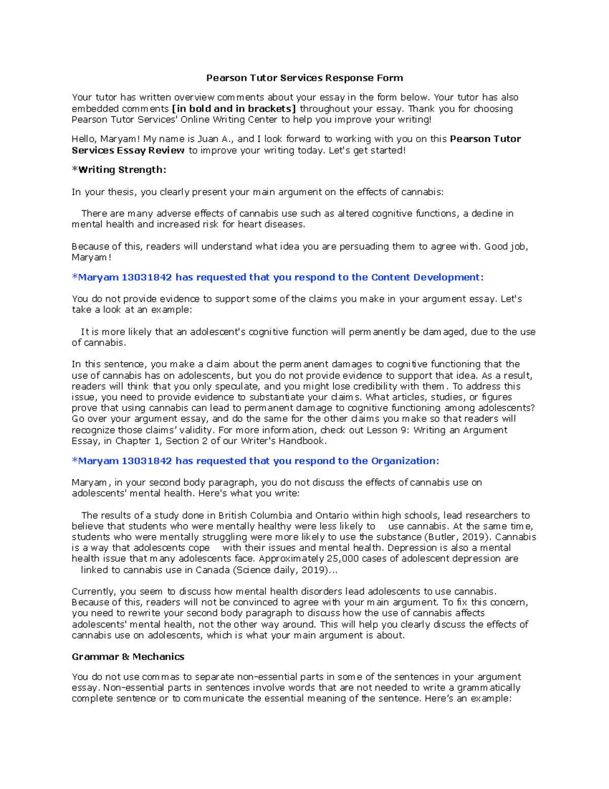 20211106 Maryam Essay 401127 Pearson Tutor Services Response Form 