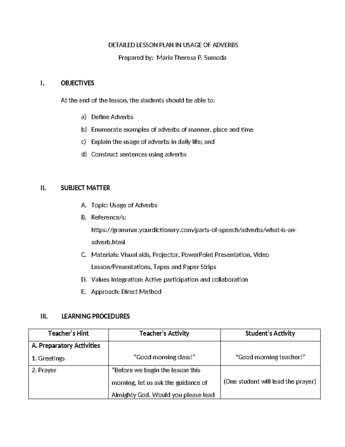 Lesson PLAN IN Usage OF Adverbs Revise - DETAILED LESSON PLAN IN USAGE ...