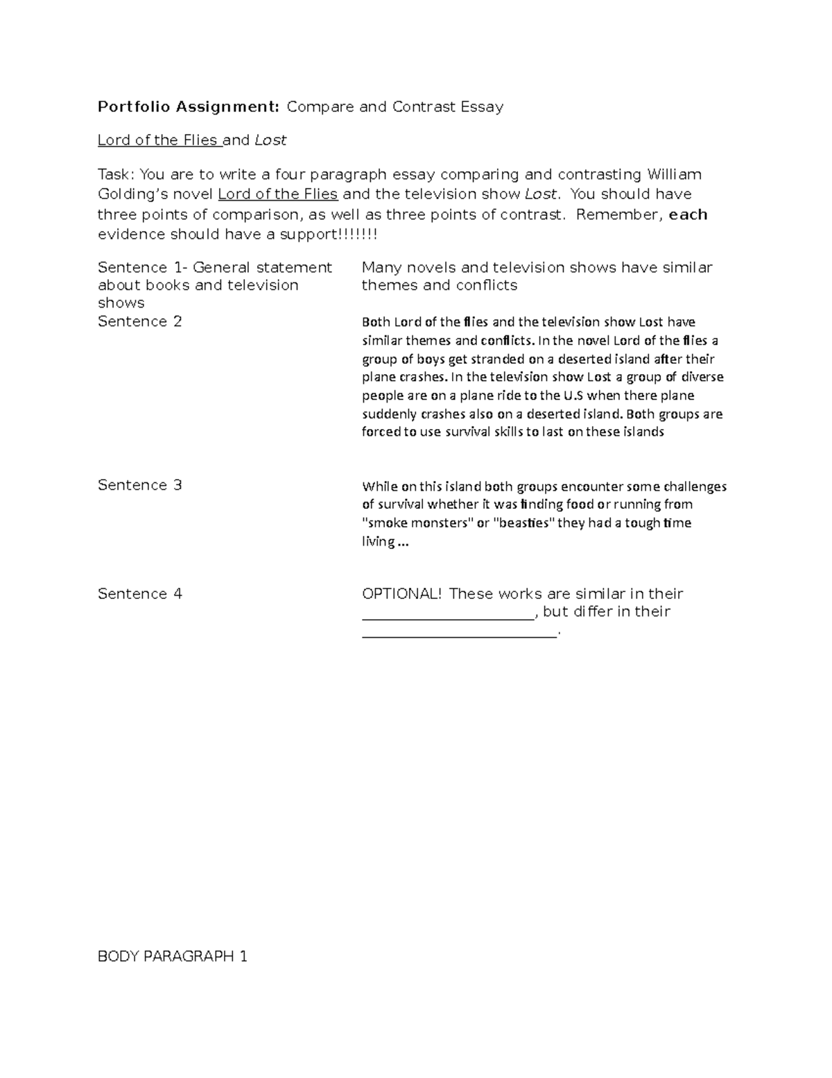 Lord of the Flies and Lost Essay-1 - Portfolio Assignment: Compare and ...