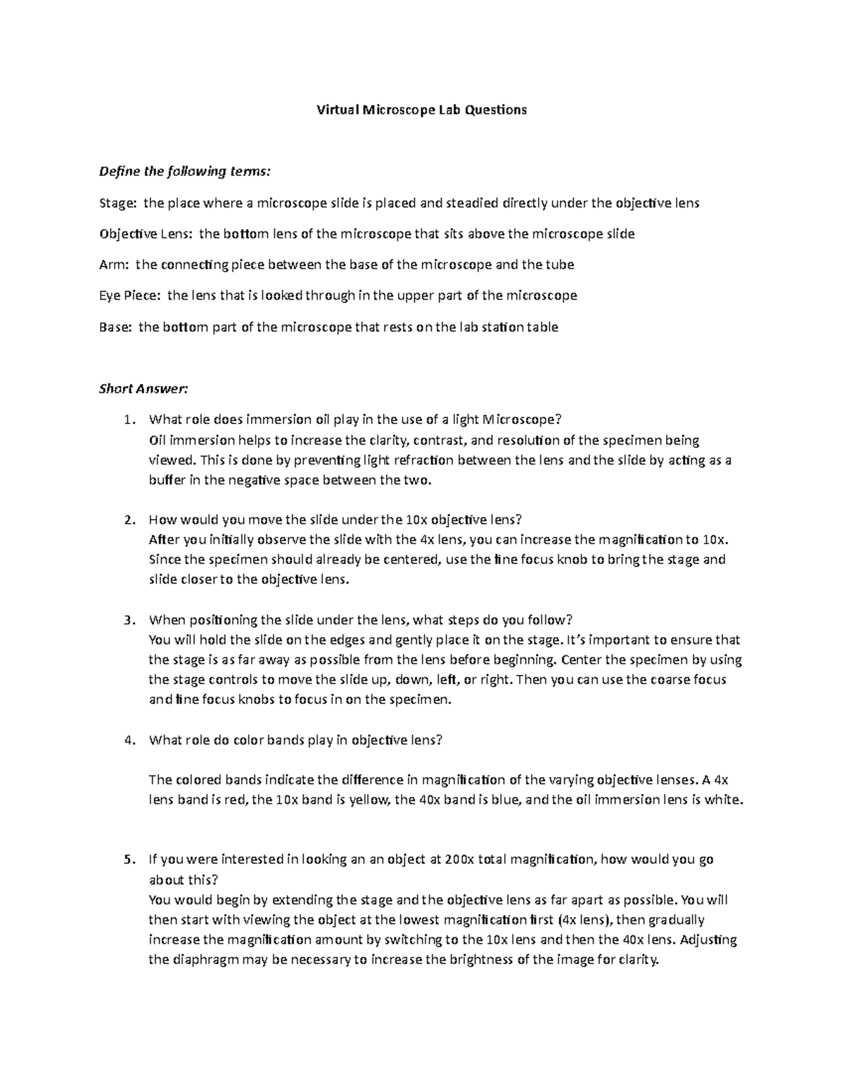 Microscopy (part 1) Virtual Lab Questions - Virtual Microscope Lab ...