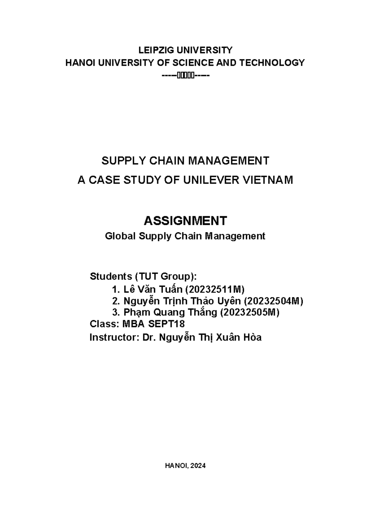HUST MBA SEPT18 - SCM - TUT Group Final - LEIPZIG UNIVERSITY HANOI ...