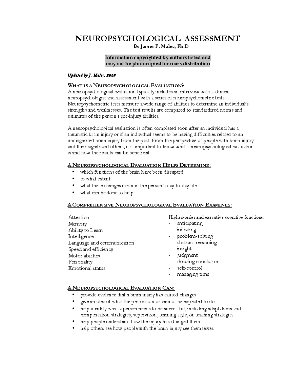 Neuropsycho-Assessments - NEUROPSYCHOLOGICAL ASSESSMENT By James F ...