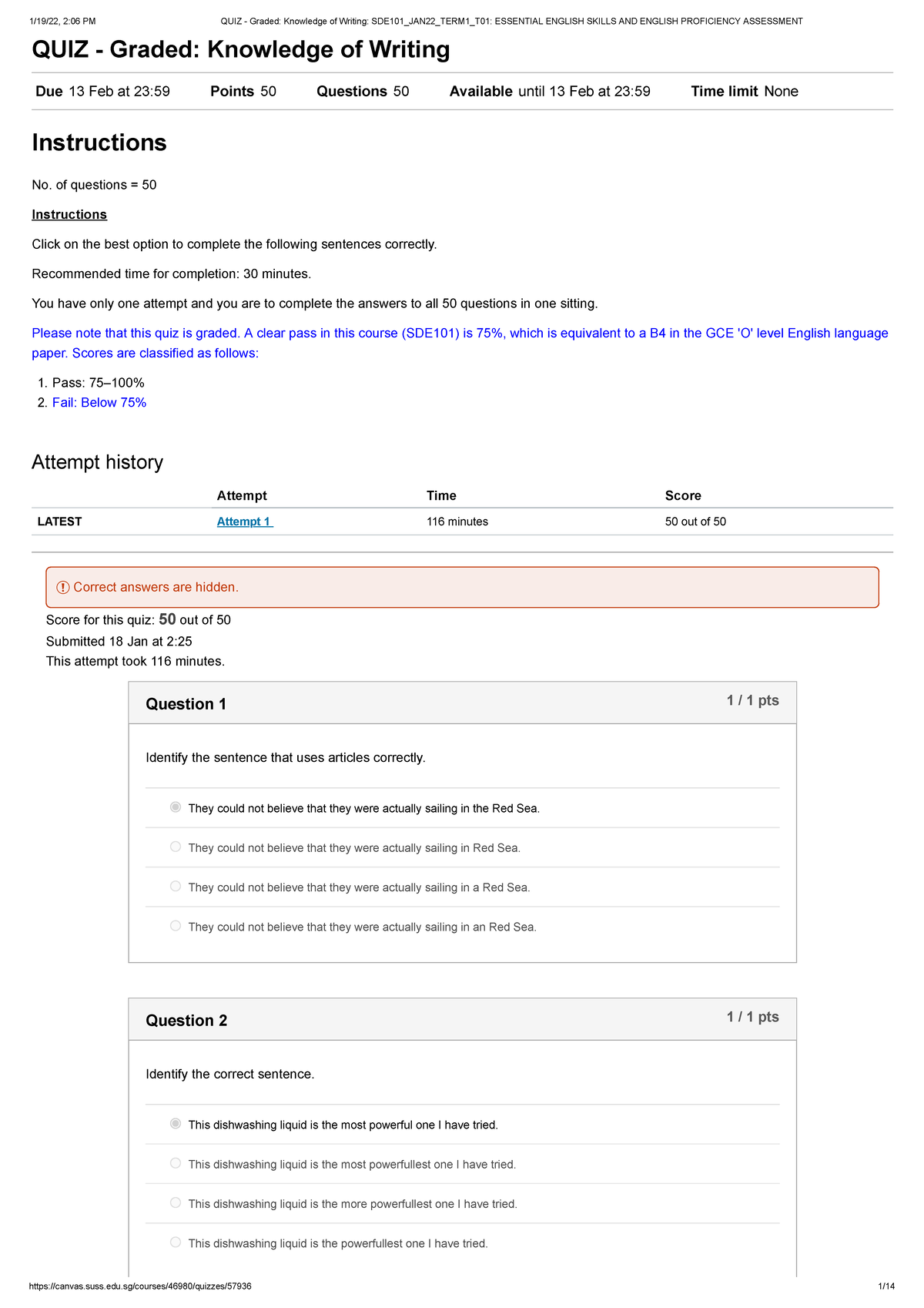 QUIZ - Graded Knowledge of Writing SDE101 JAN22 TERM1 T01 Essential ...