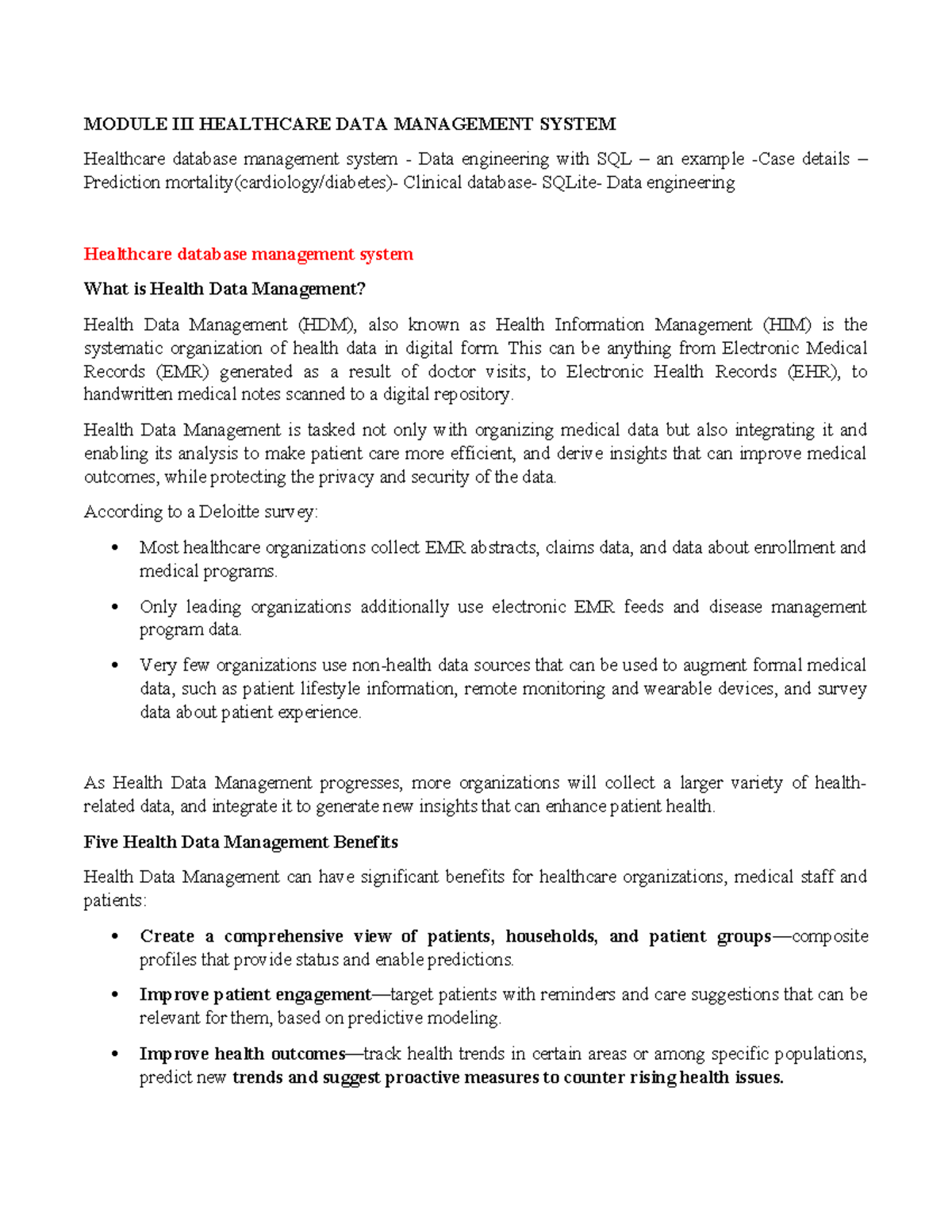 Health CARE Analytics Module 3 - MODULE III HEALTHCARE DATA MANAGEMENT ...