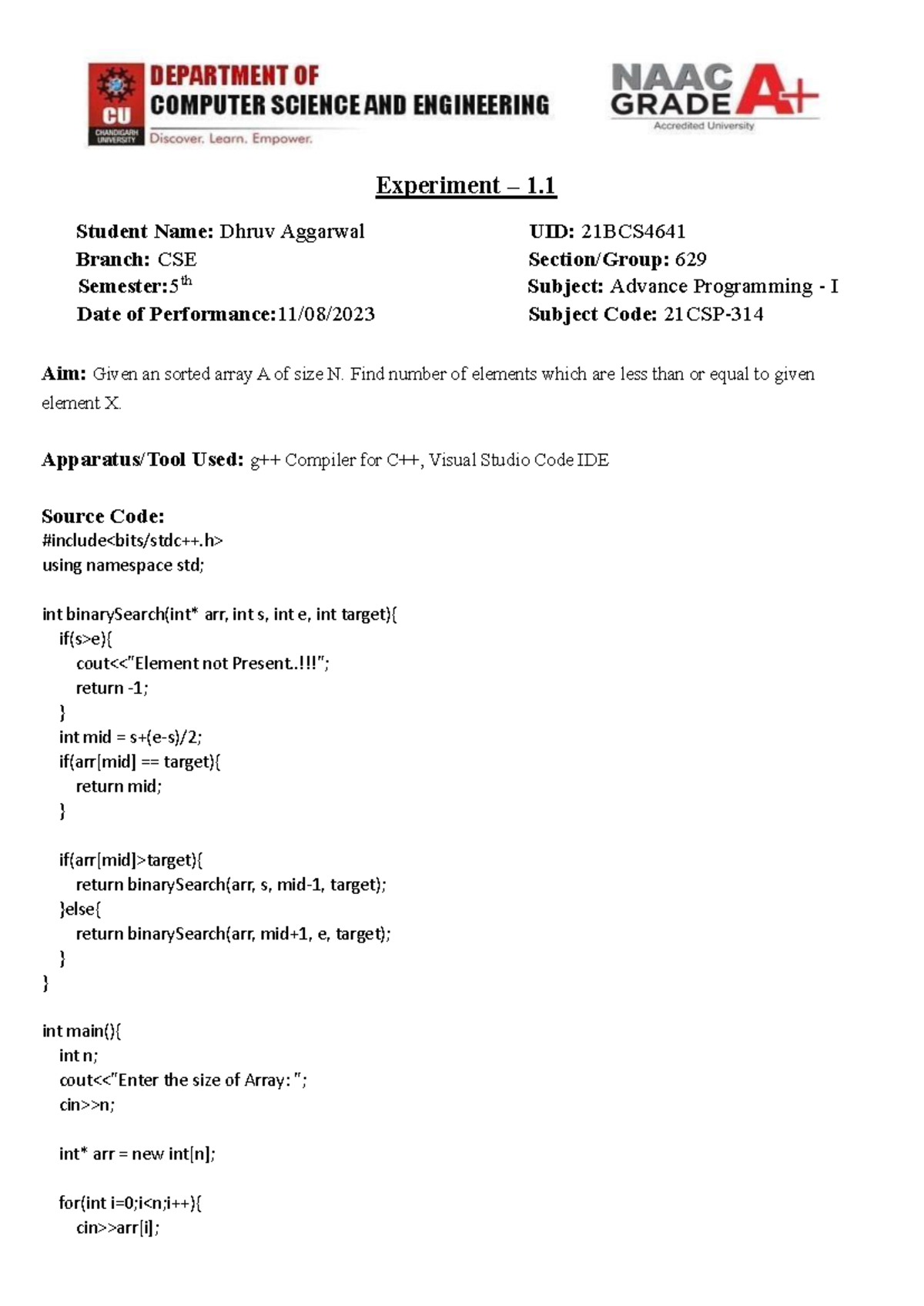 Worksheet 1 - Experiment – 1. Student Name: Dhruv Aggarwal UID: 21BCS Branch: CSE Section/Group ...