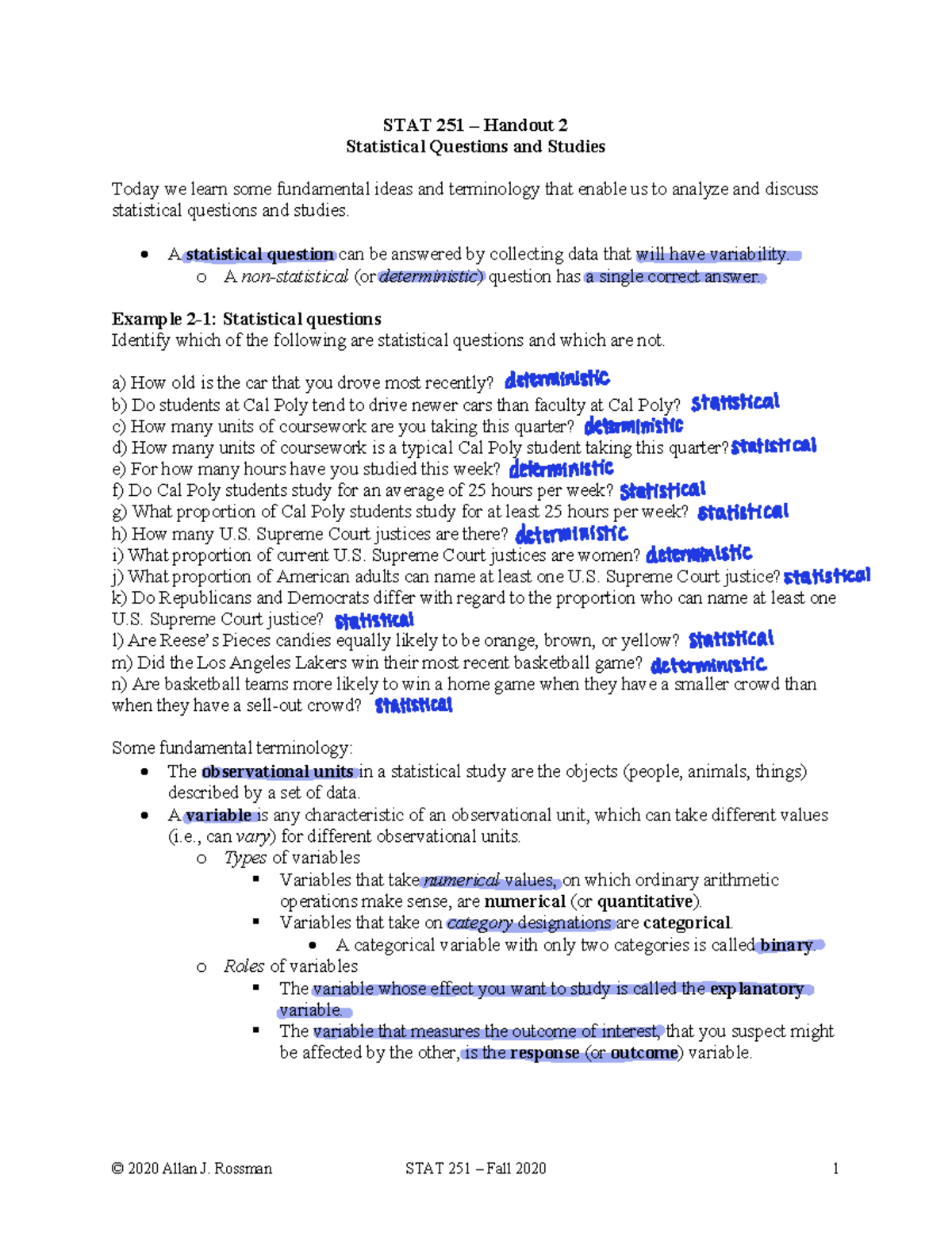 STAT 251 Handout 2 Statistical Questions and Studies - Studocu