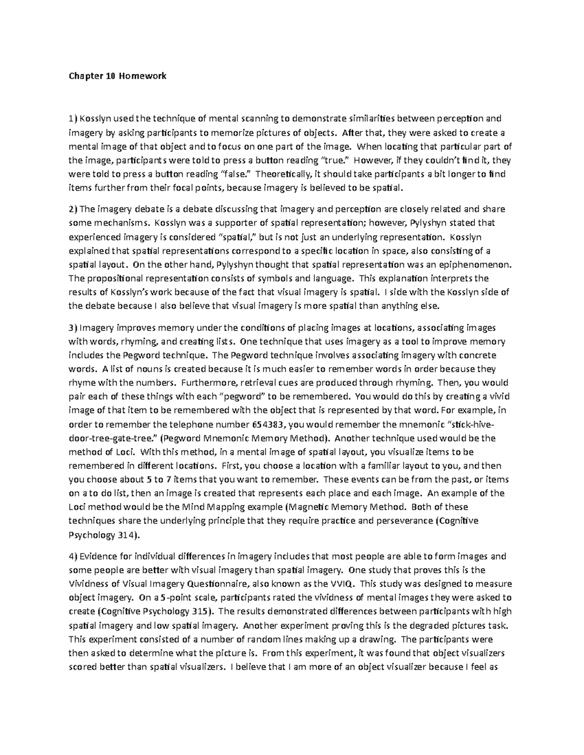 Chapter 10 HW - Professor David Rosen - Chapter 10 Homework Kosslyn ...