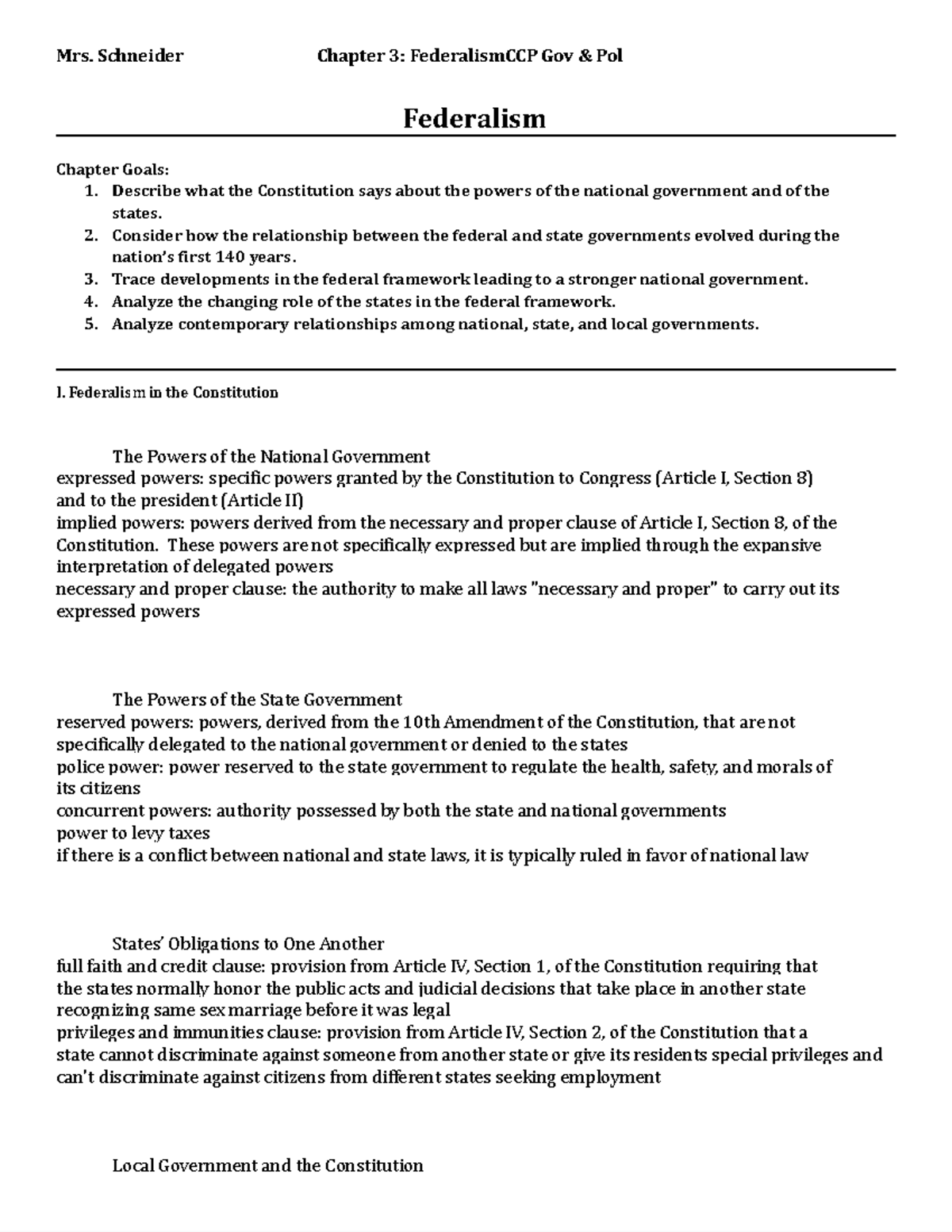 WTP Chapter 3(1) - Federalism I. Federalism in the Constitution The ...
