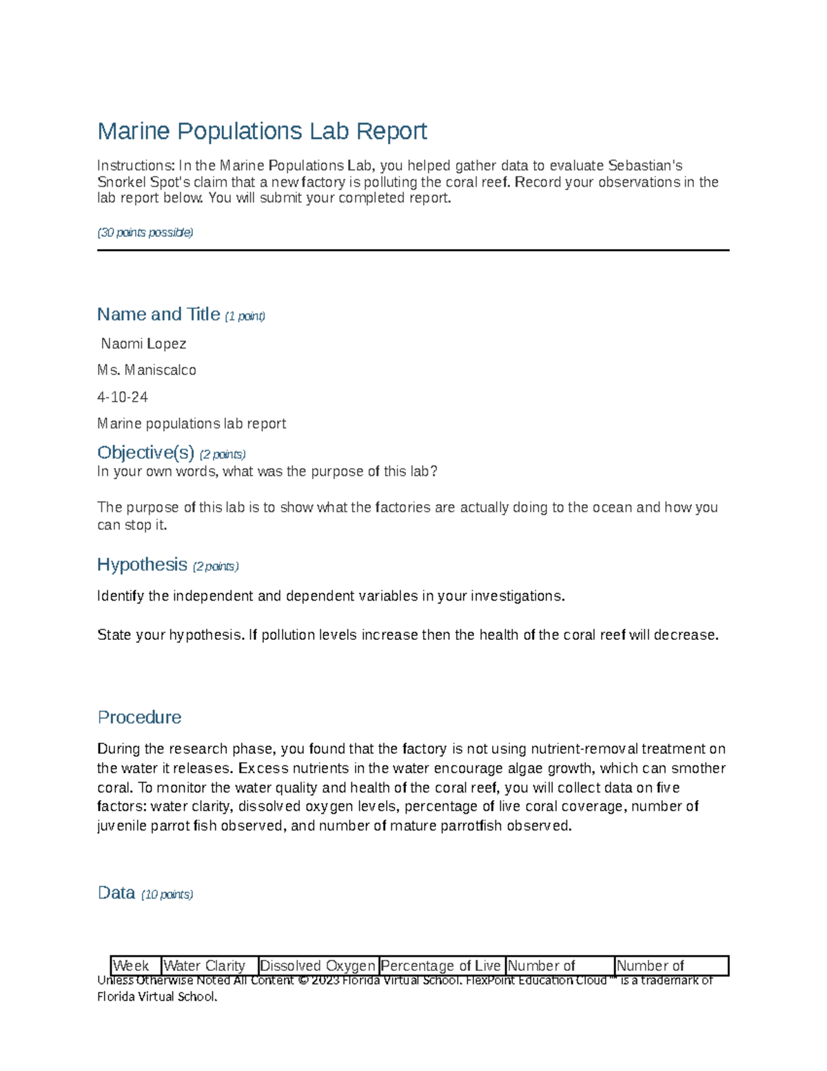 Marine populations lab report - Marine Populations Lab Report ...