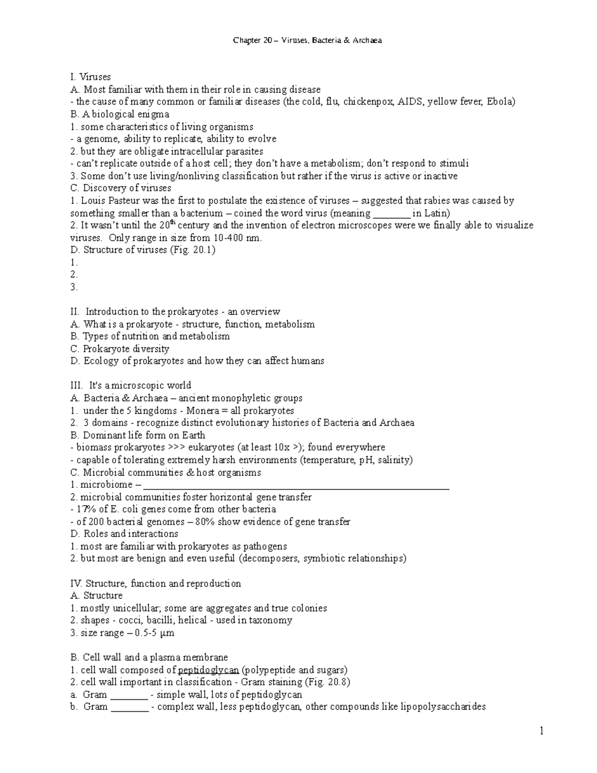Chapter 20 notes - Grover Brown - Chapter 20 Viruses, Bacteria Archaea ...