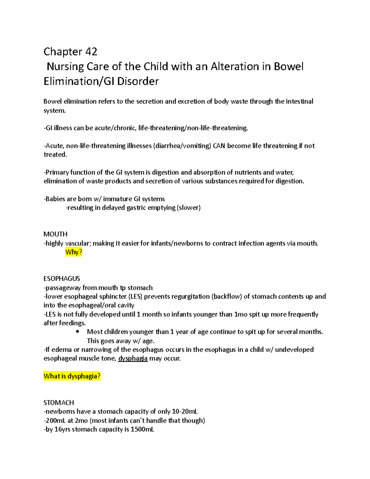 Chapter 42 GI Notes - Chapter 42 Nursing Care of the Child with an ...