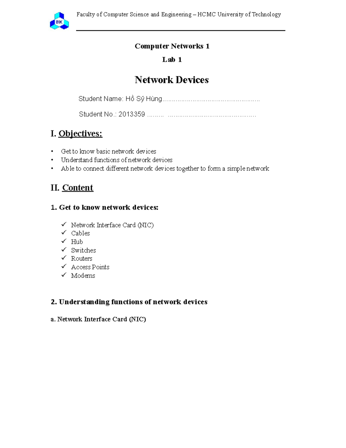 Lab 1a Network Devices - okok - Computer Networks 1 Lab 1 Network Devices Student Name: Hồ Sỹ ...